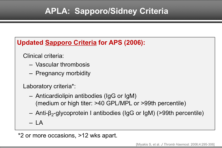 APLA: Sapporo/Sidney Criteria - - Clinical Use of Coagulation Tests ...